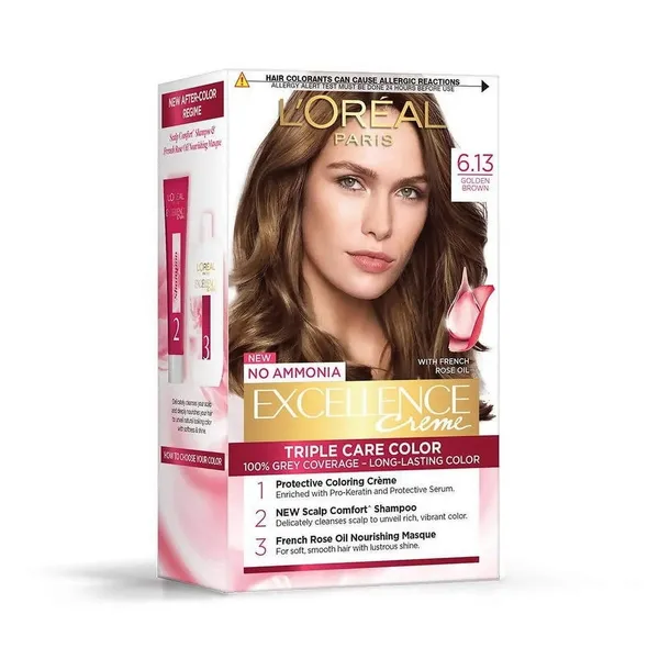 LOREAL PARIS Excellence Creme Hair Color - 6.13 Golden Brown (72ml+100g ...