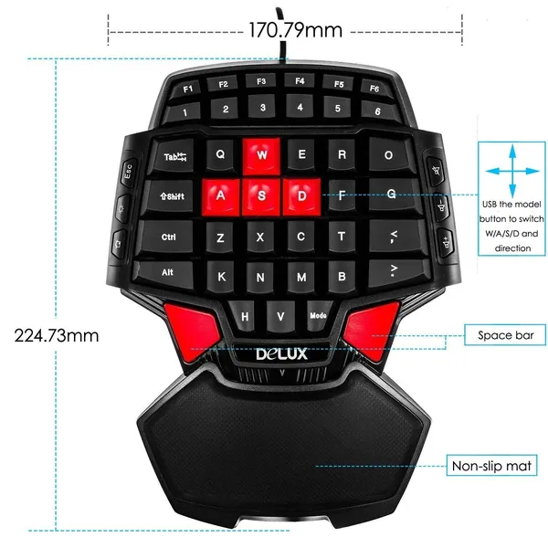 Delux T9 46-Key Single Handed Wired Keyboard Professional Ergonomic ...