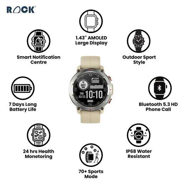 ROCK Move Smartwatch ll 1.43″ AMOLED display 466 x 466 ll Advanced ...