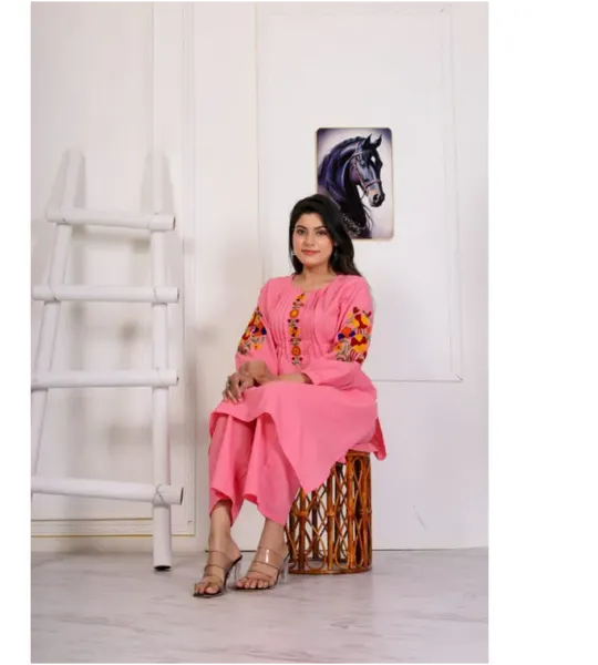 Bisesh Creation Peach Handwoven Embroidery Kurti Pant Set For Women ...