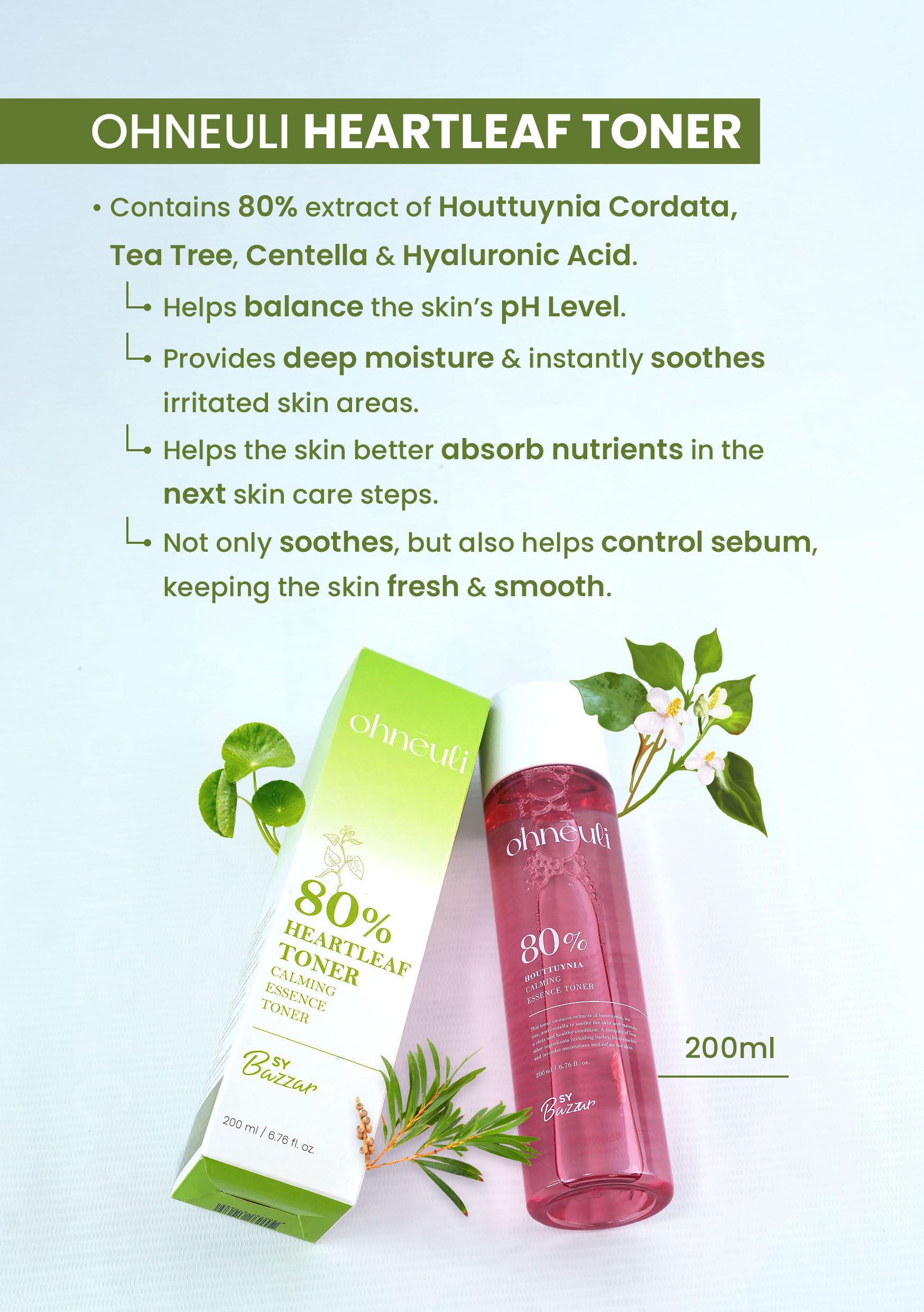 OHNEULI Houttuynia 80% Calming Essence Toner 200 ML & Toner Pad Sheets ...
